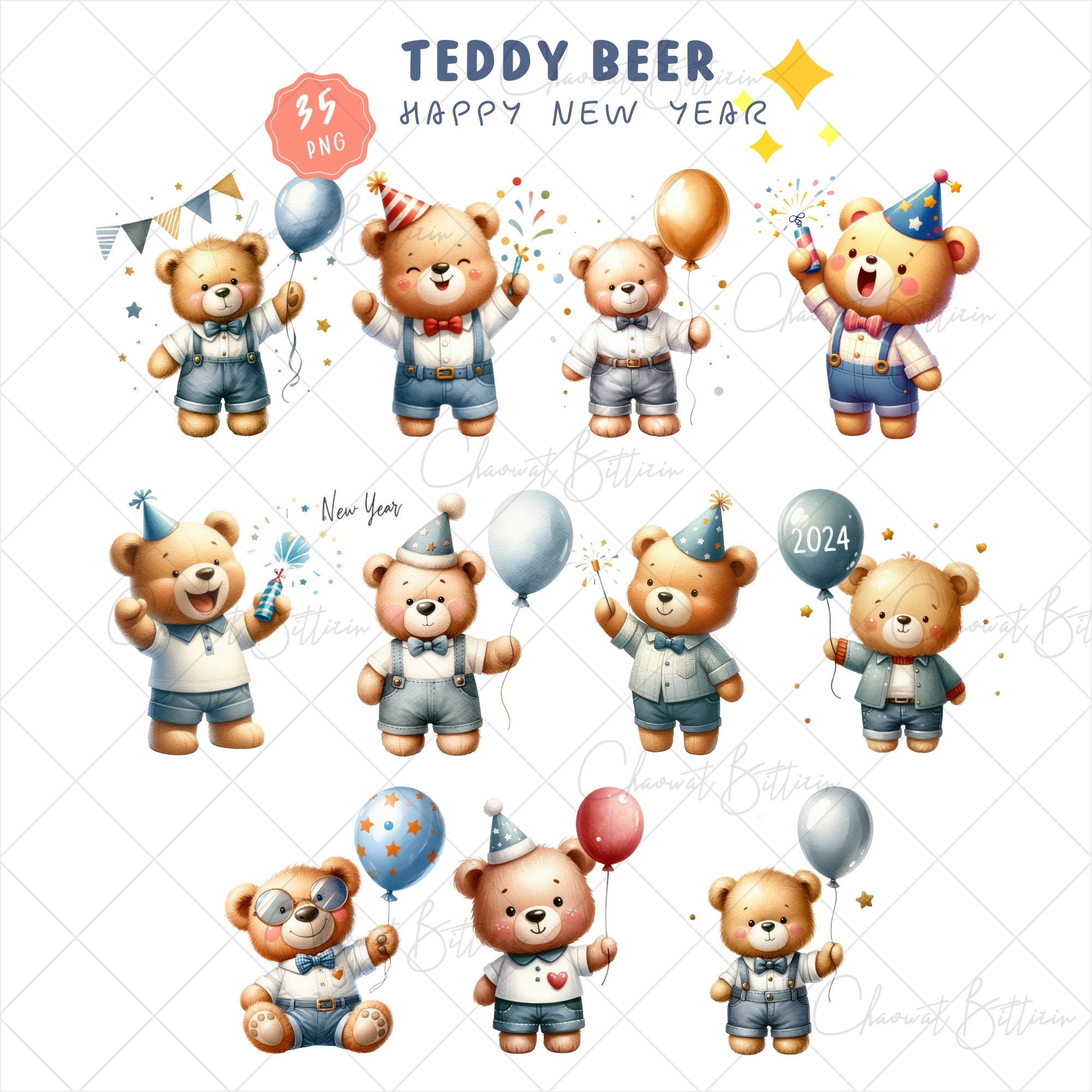 Teddy Bear Celebrates Happy New Year Clipart, Watercolor New Year's Eve ...