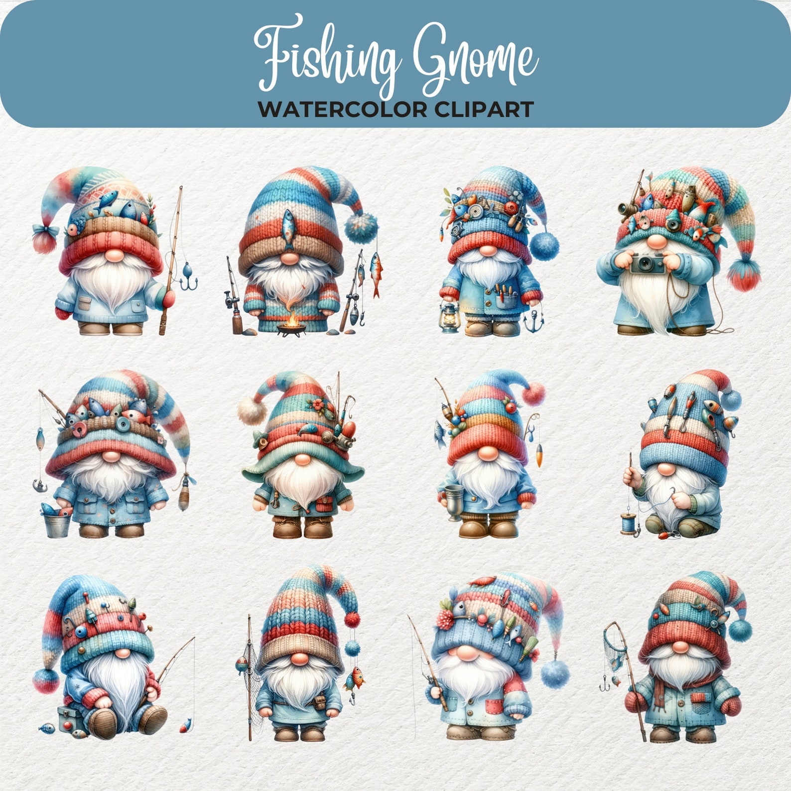 Watercolor Fishing Gnome Clipart, Fisherman Gnome, Cute Gnome, Fly ...