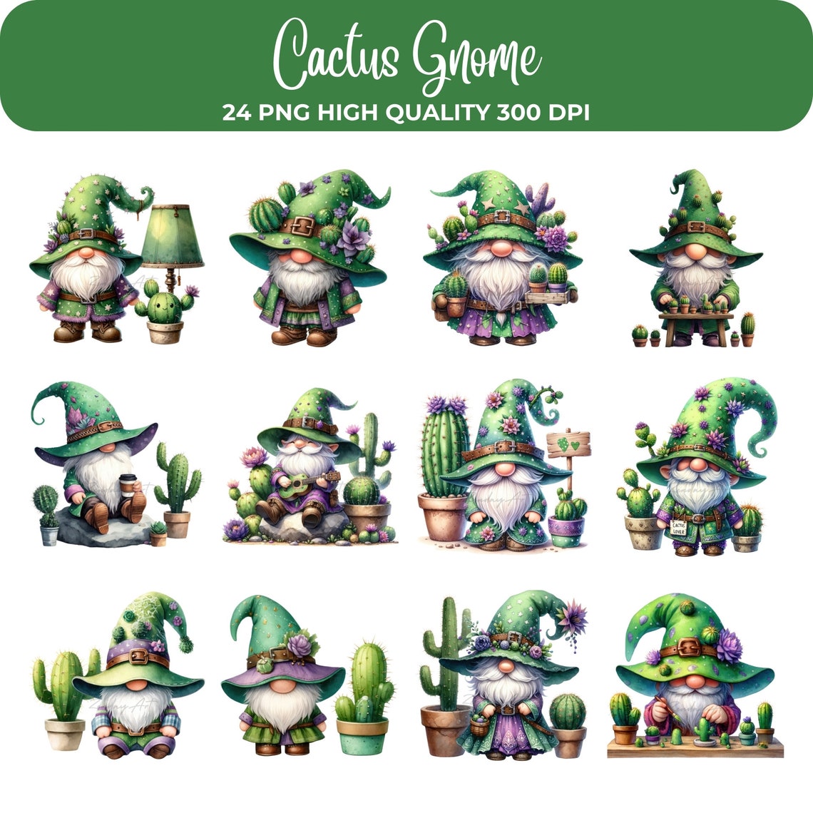 Watercolor Cactus Gnome Clipart, Cactus Gnome Clipart, Garden Clipart ...