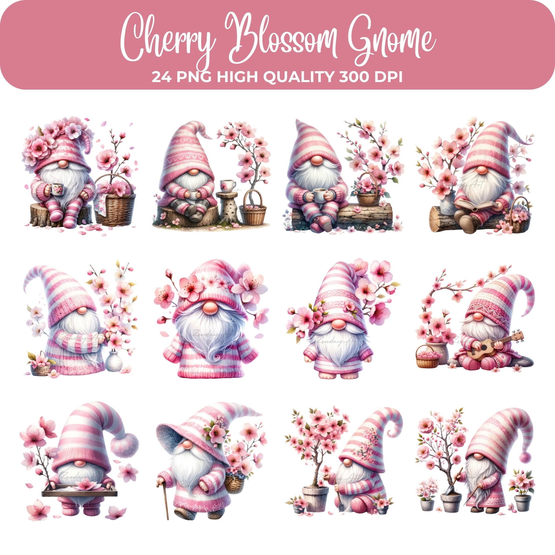 Spring Gnome Clipart, Watercolor Gnome Cherry Blossom, Spring Blossom ...