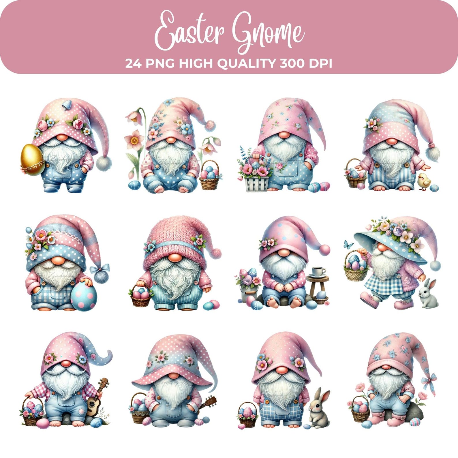 Watercolor Easter Gnome Clipart Bundle: Spring PNG Graphics (digital ...