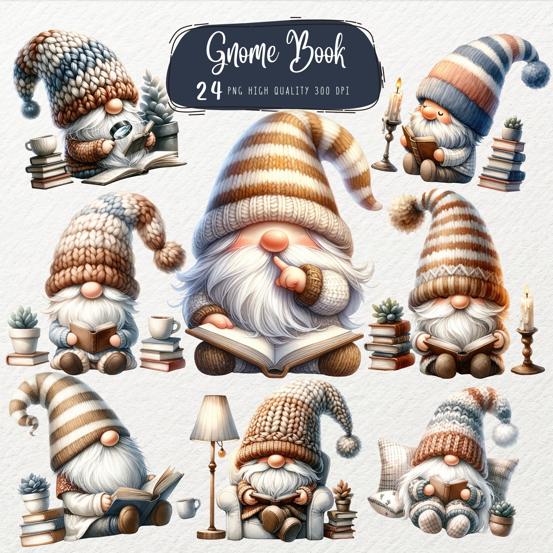 Gnome Book Clipart, Watercolor Gnome Reading Clip Art, Librarian ...