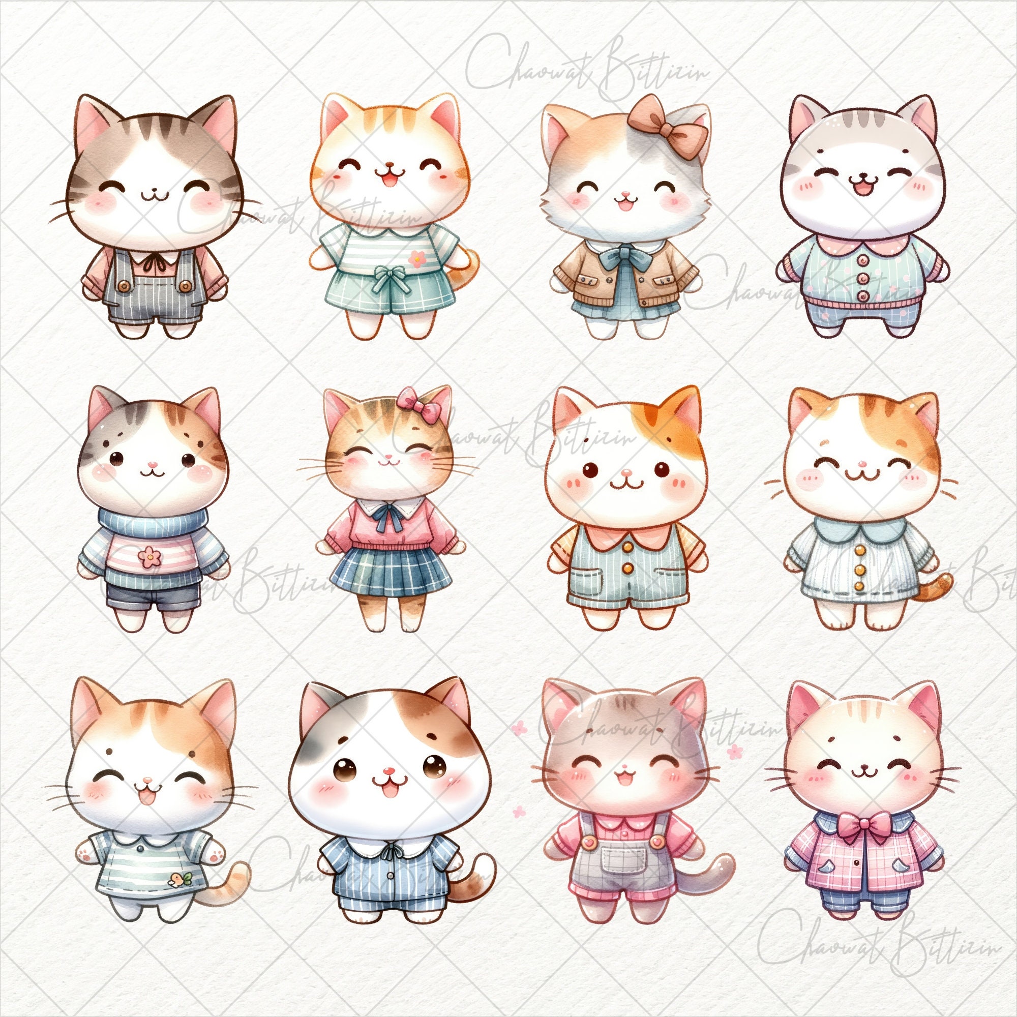 Kawaii Cat Clipart Bundle, Cute Cat Clipart, Pet Illustration ...
