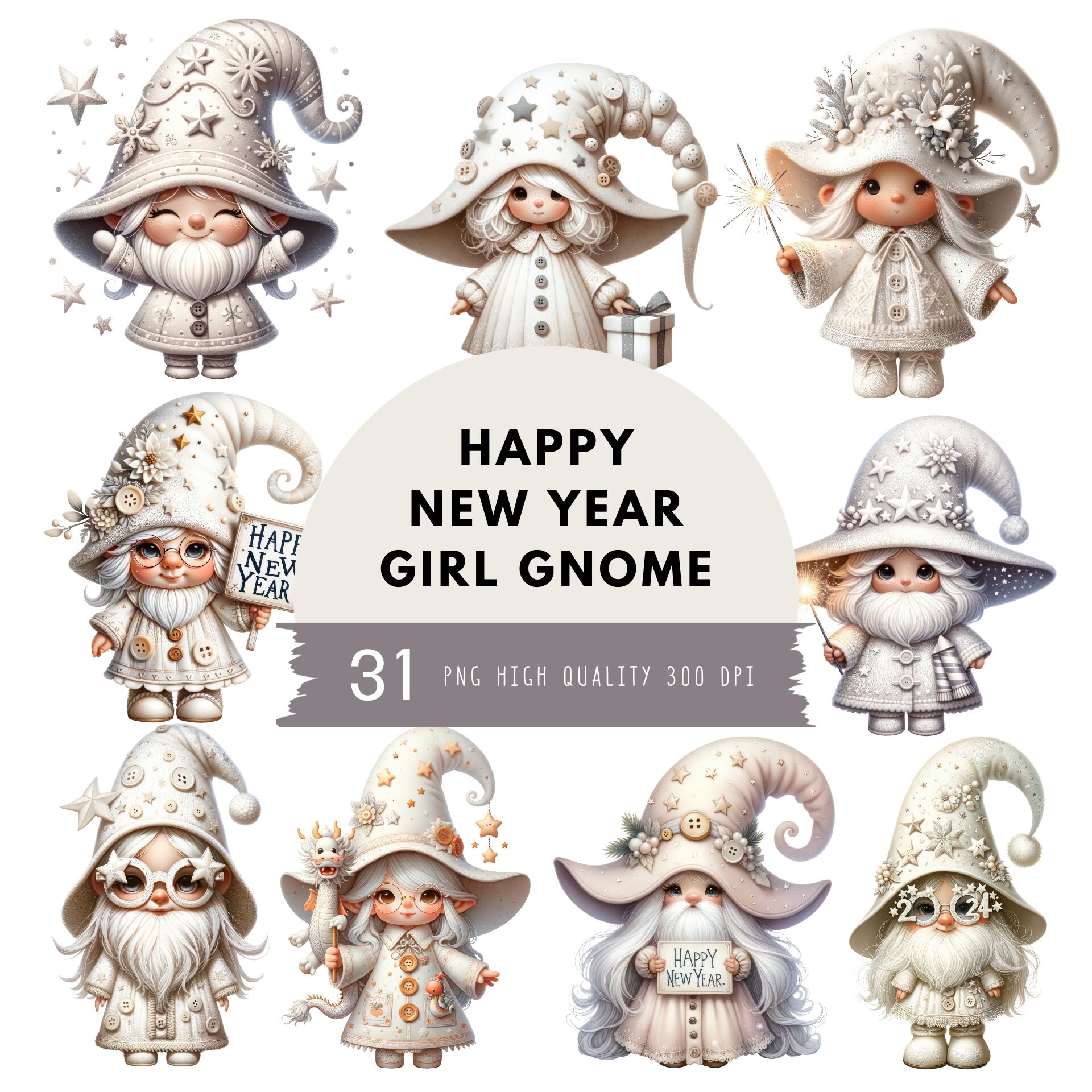 Happy New Year 2024, Girl Gnome Clipart, Watercolor New Year Gnomes ...
