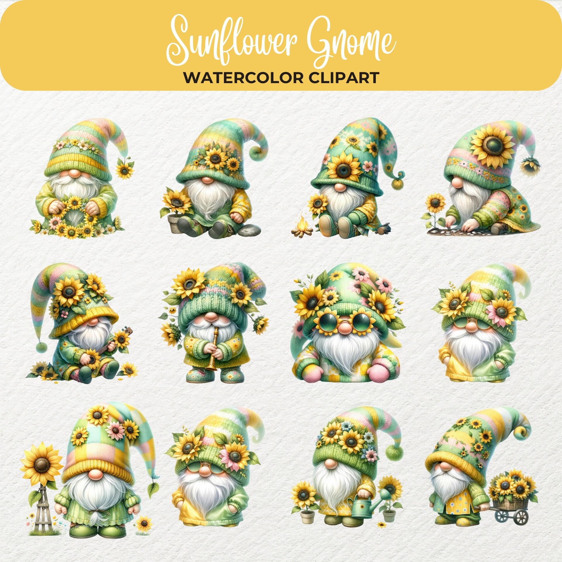 Watercolor Sunflowers Gnome Clipart, Garden Clipart, Flowers Gnomes ...