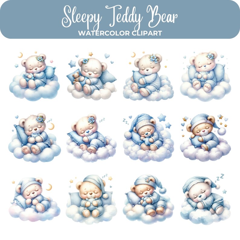 Watercolor Teddy Bear Clipart: Sleepy Bear on Cloud PNG (digital ...