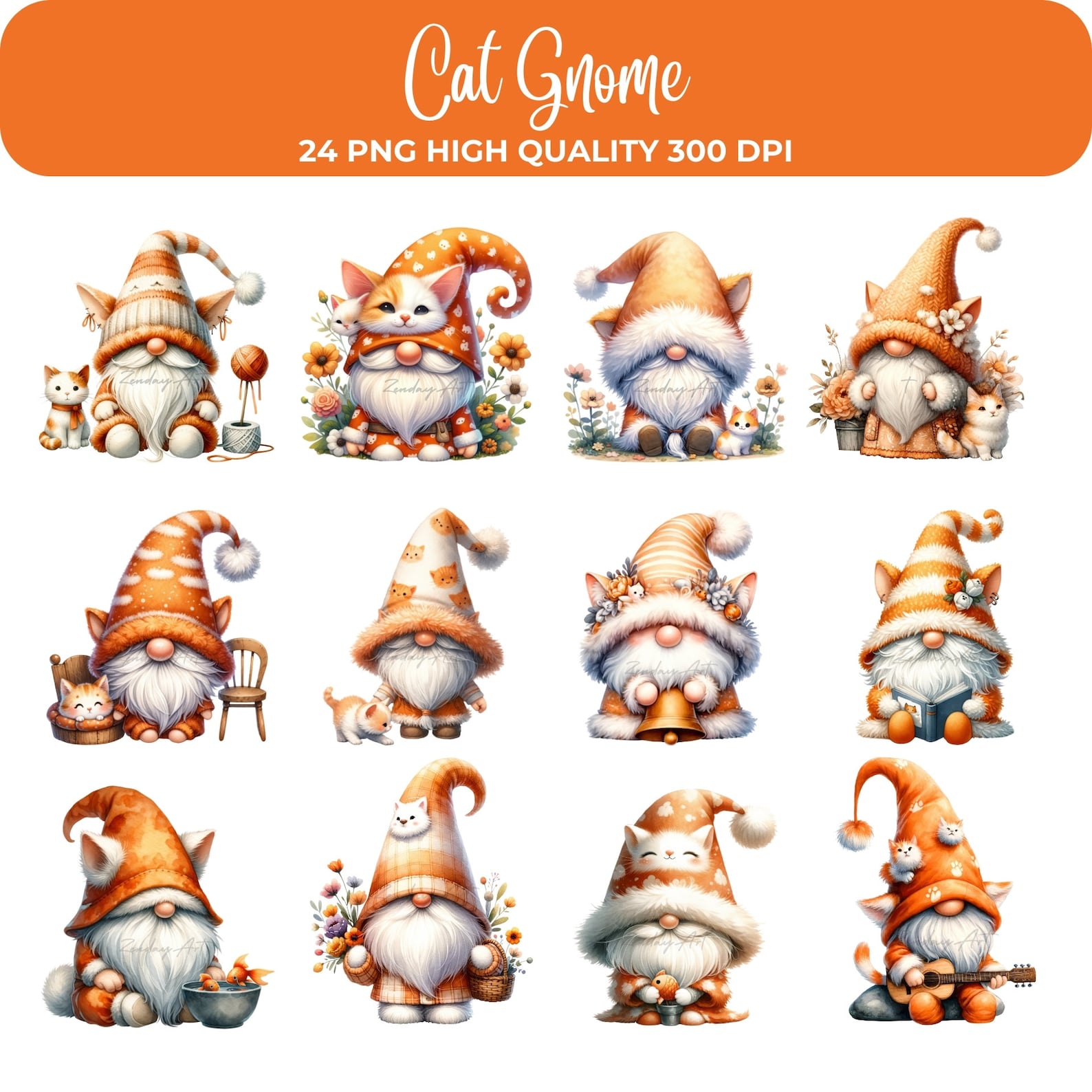 Watercolor Cat Gnome Clipart, Cat Lover Gnome Clipart, Cat Lover Gnome ...