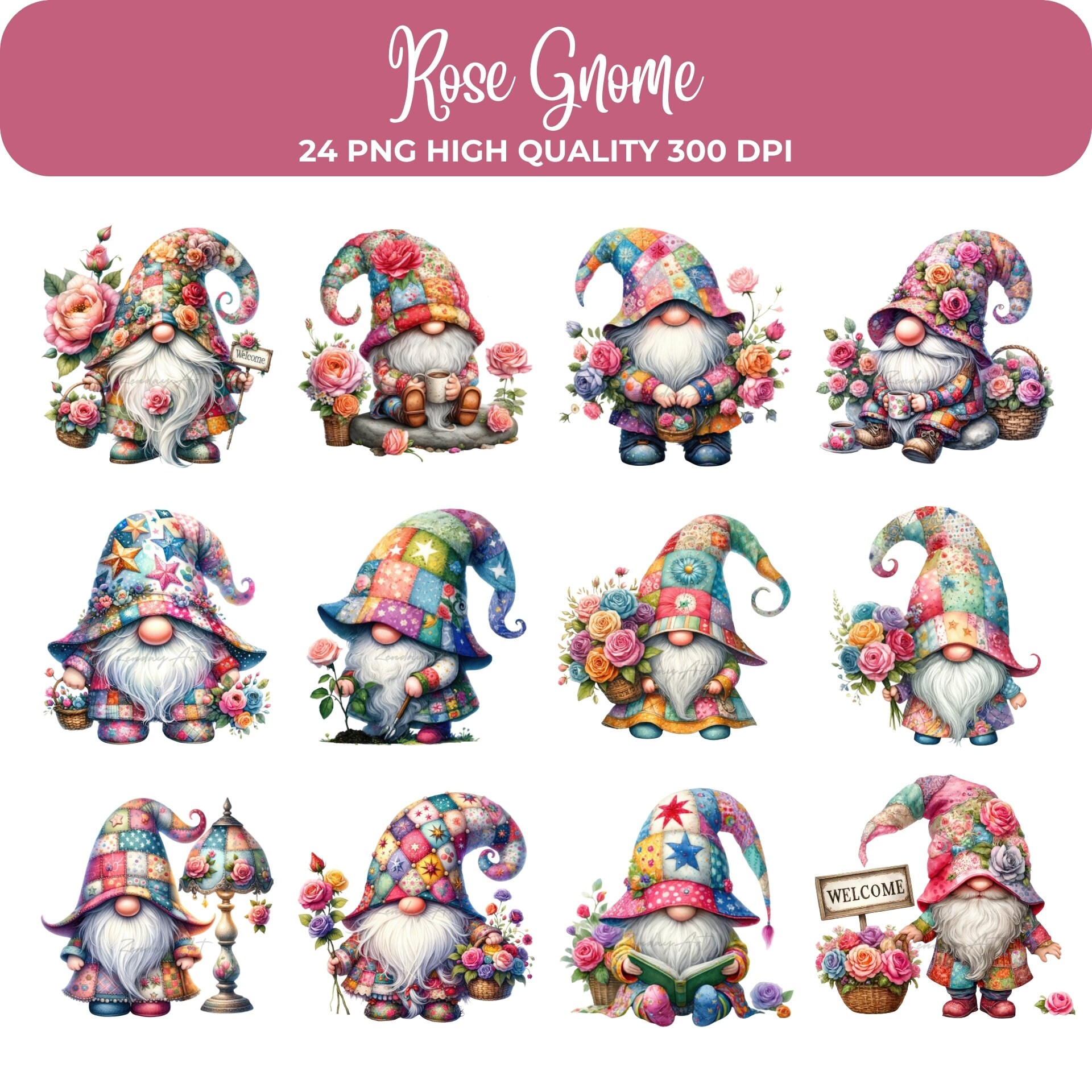 Rose Gnome Clipart, Watercolor Rose Gnome Clipart, Rose Gnome Png ...