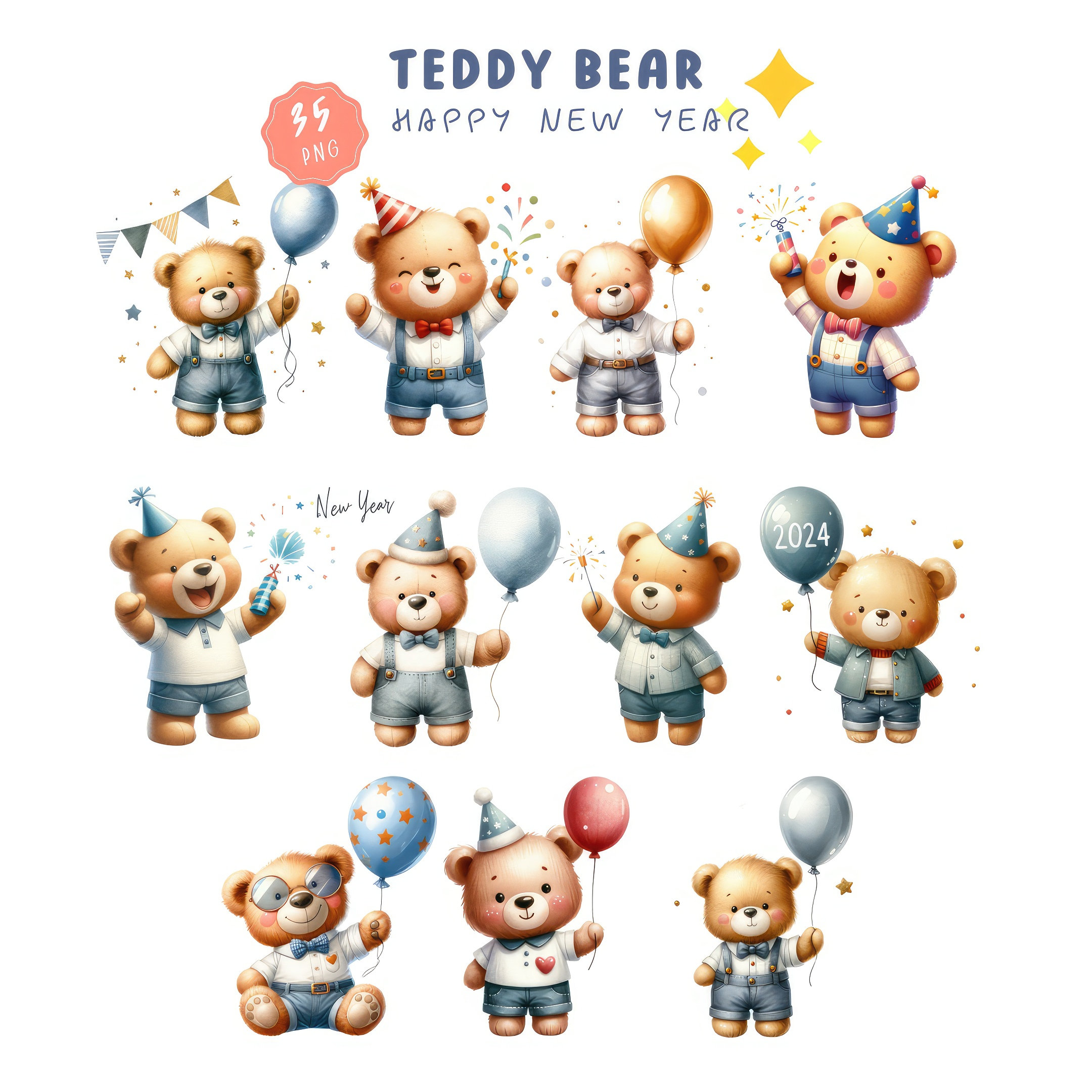 Teddy Bear Celebrates Happy New Year Clipart, Watercolor New Year's Eve ...