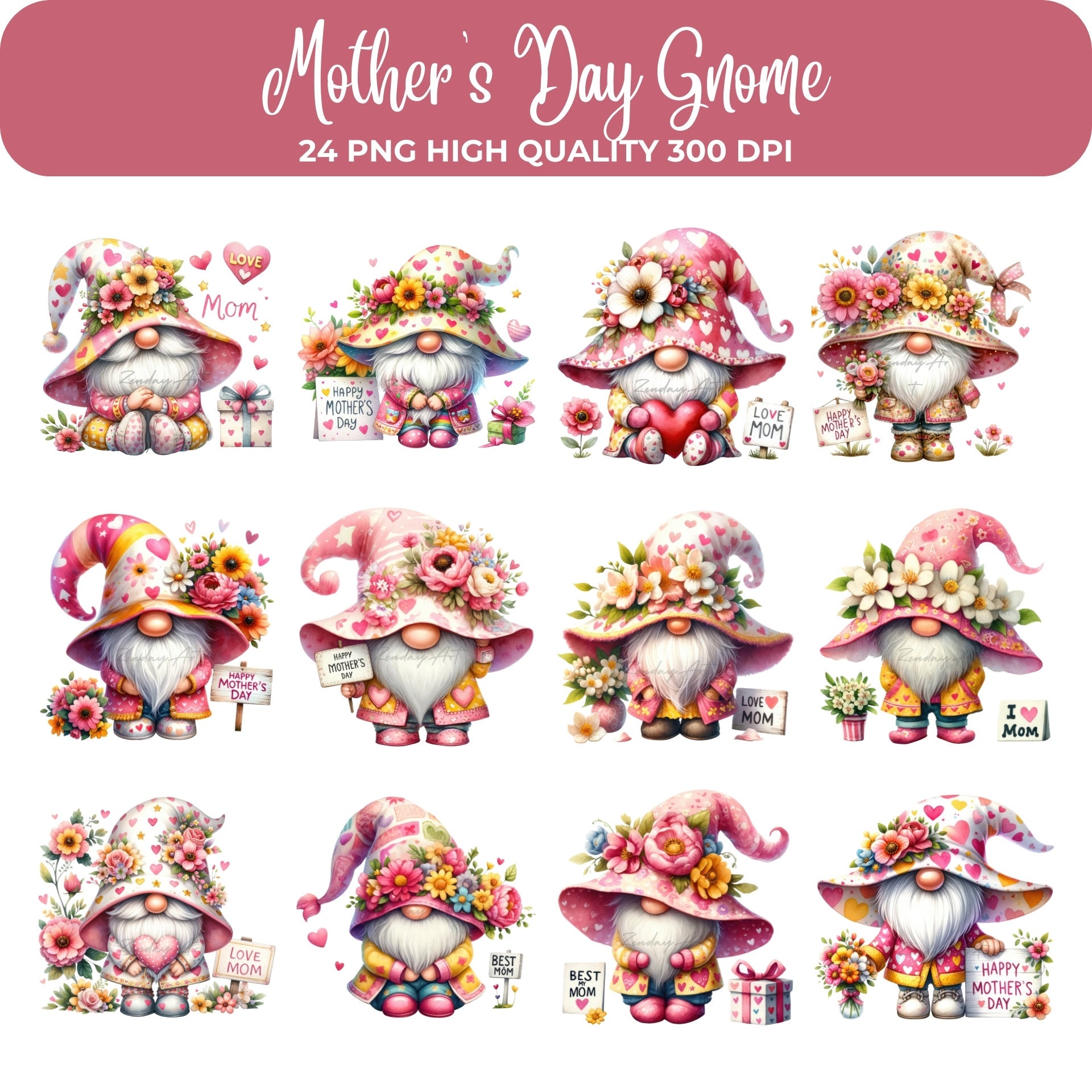 Watercolor Mother's Day Gnomes Clipart (PNG, PDF) - Etsy
