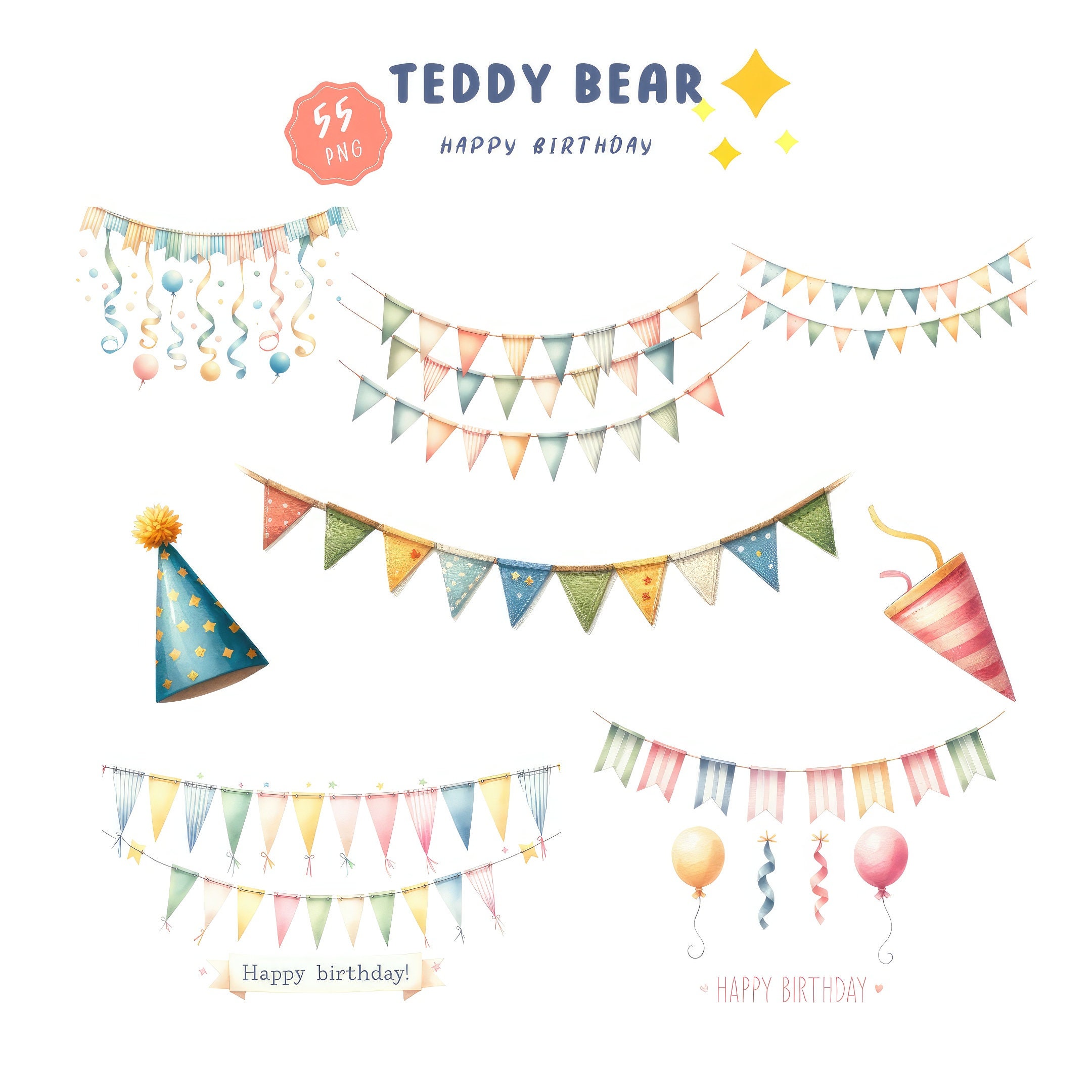 Watercolor Teddy Bear Clipart, Happy Birthday, Watercolor Party ...