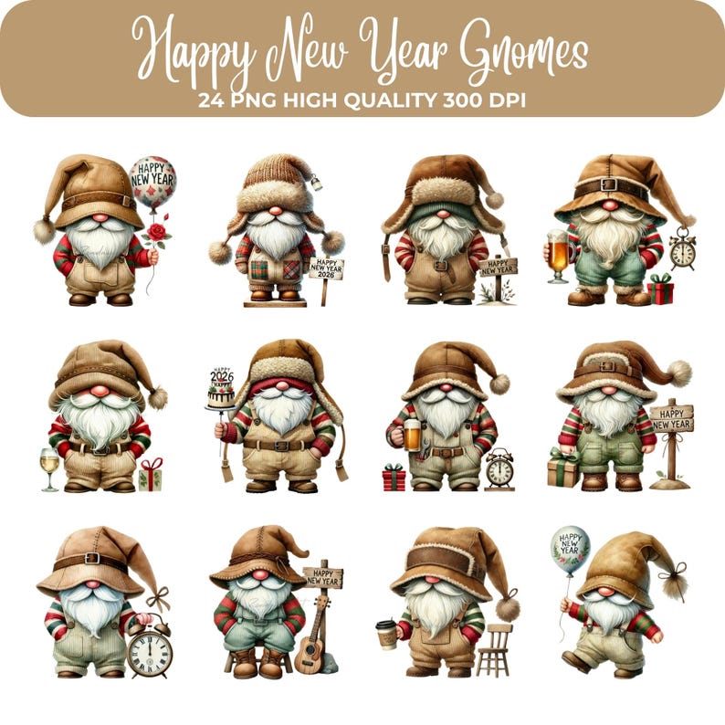 Watercolor New Year Gnome PNG Bundle, Watercolor Vintage Clipart, 2026 ...