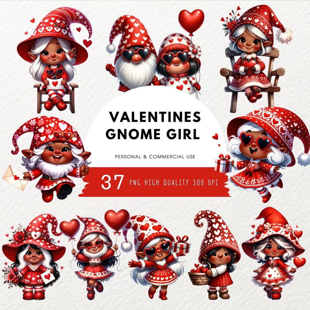 Watercolor Gnome Girl Clipart, Female Gnome PNG, Valentine Female Gnome ...