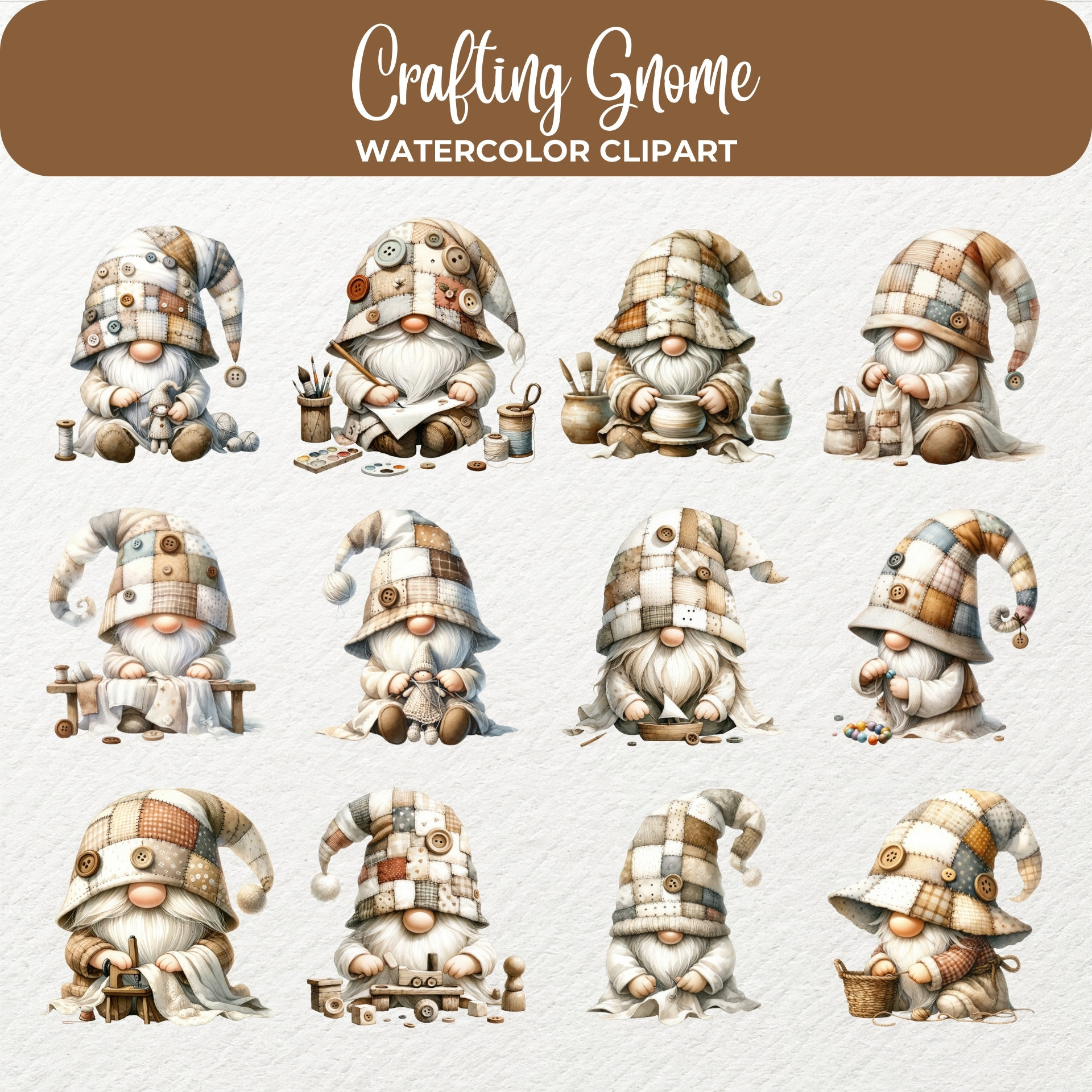 Crafting Gnome Clipart Bundle, Gnome Clip Art, Handcrafted Watercolor ...