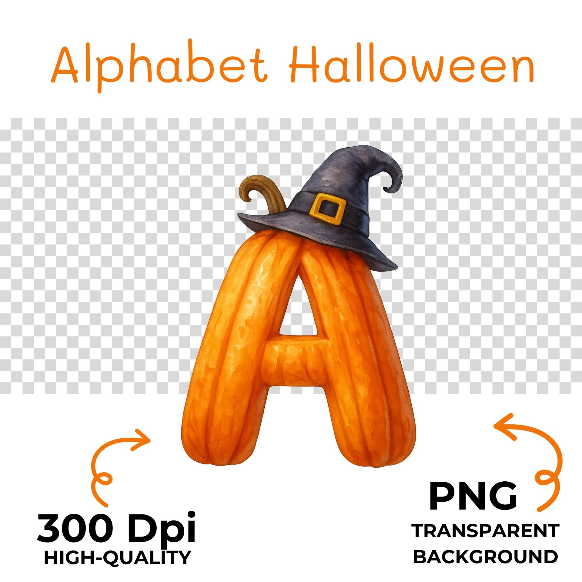 Halloween Pumpkin Witch Hat Alphabet: Spooky PNG Clipart (300 DPI ...