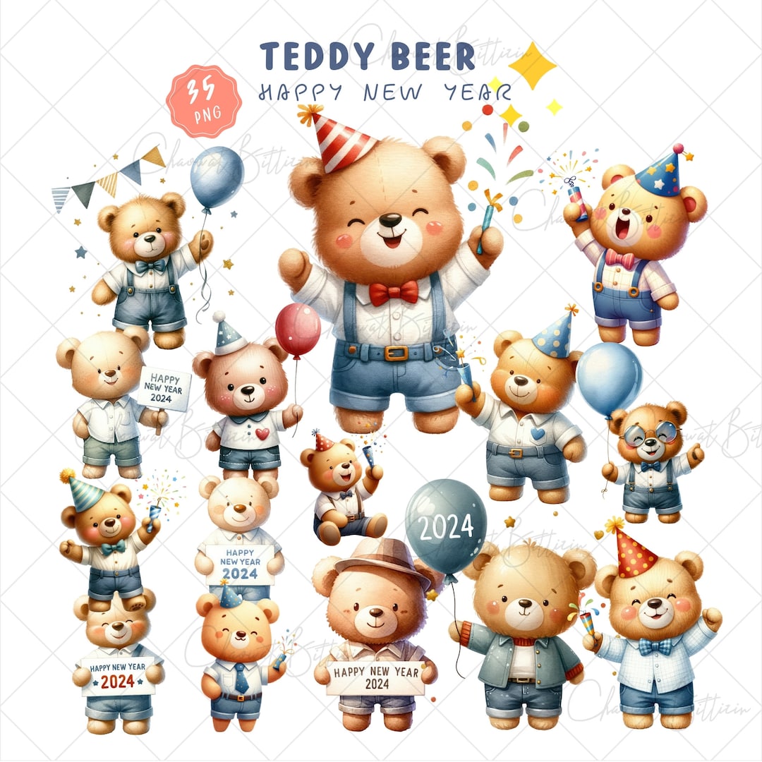 Teddy Bear Celebrates Happy New Year Clipart, Watercolor New Year's Eve ...