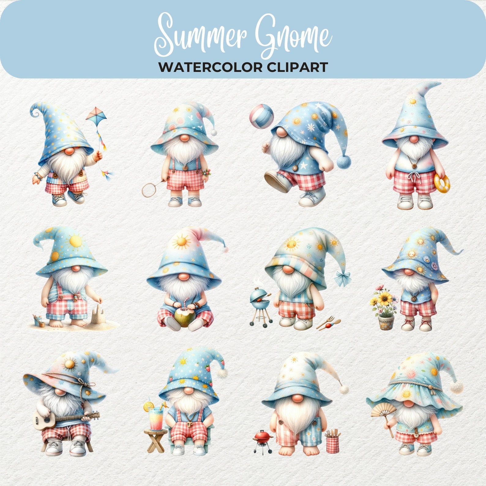 Watercolor Summer Beach Gnome Clipart Bundle Png, Summer Beach PNG, Fur ...