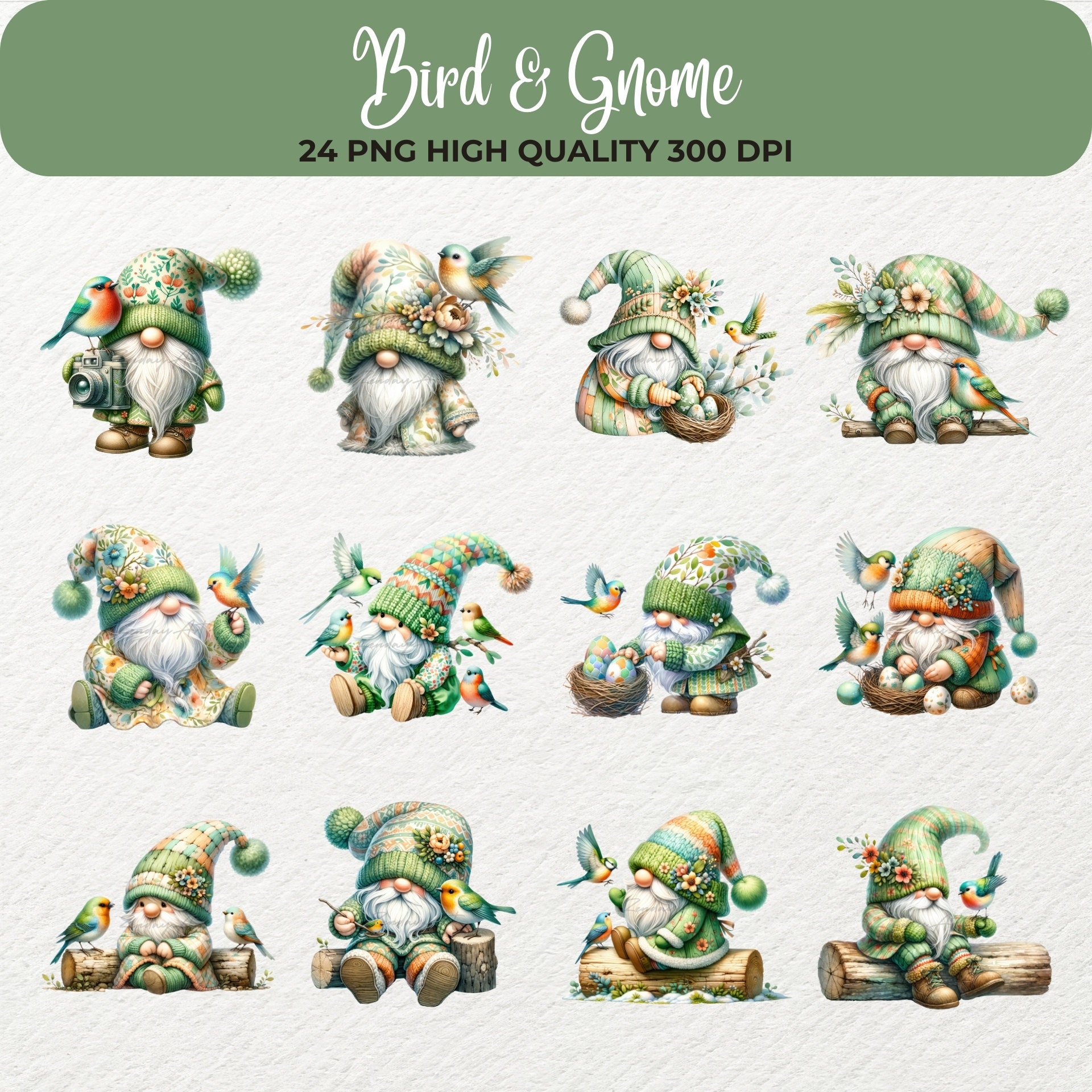 Gnomes and Bird Clipart, Nursery Art, Card Making, Cute Gnome Clipart ...