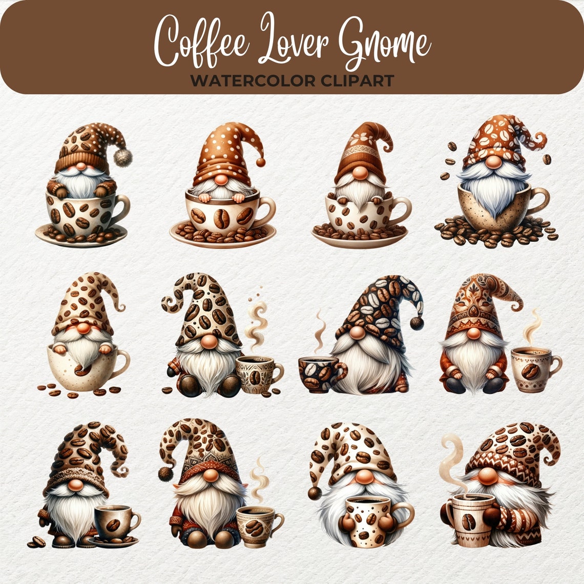 Watercolor Coffee Lover Gnome Clipart, Coffee Gnome PNG, Coffee Latte ...