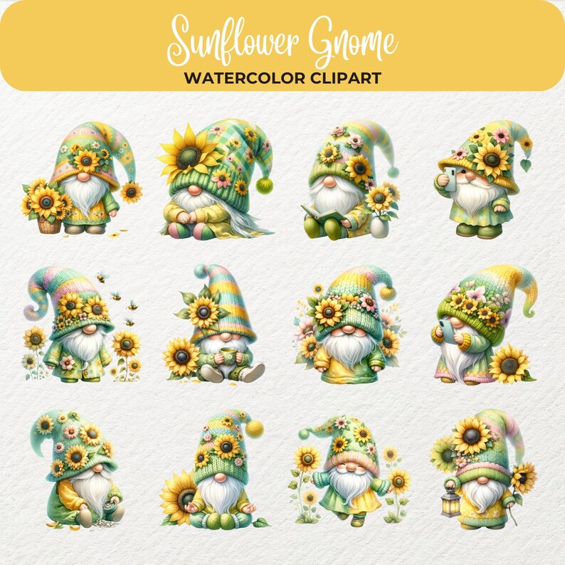 Watercolor Sunflowers Gnome Clipart, Garden Clipart, Flowers Gnomes ...