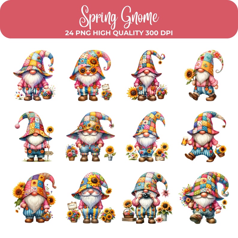 Watercolor Spring Gnomes Clipart Bundle: Floral Garden PNG (digital ...