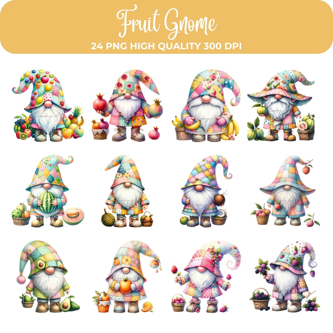 Watercolor Fruit Gnomes Clipart Collection, Colorful Fruits Gnome ...