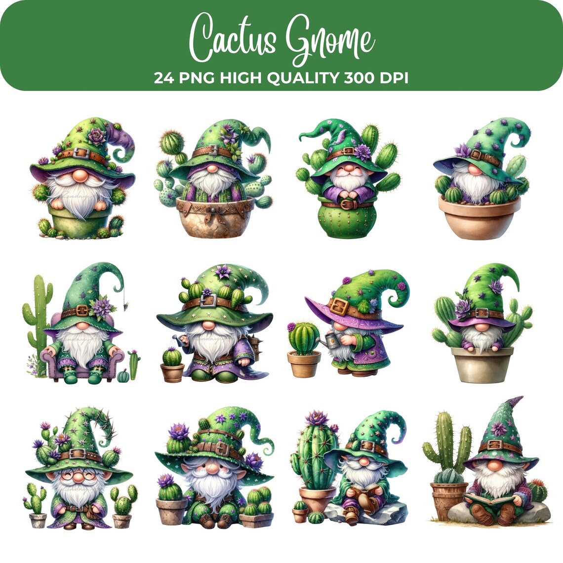 Watercolor Cactus Gnome Clipart, Cactus Gnome Clipart, Garden Clipart ...