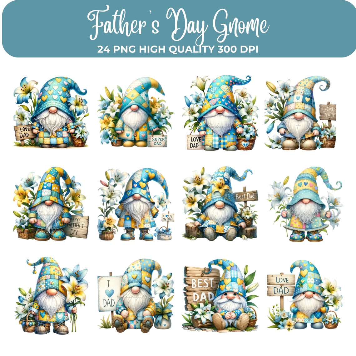 Watercolor Mothers Day Lily Floral Gnome, Father's Day Clipart, Father ...