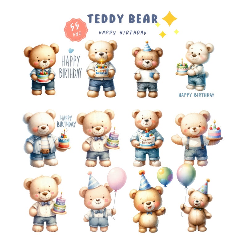 Watercolor Teddy Bear Clipart, Happy Birthday, Watercolor Party ...