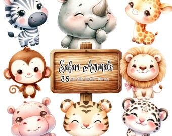 Safari Baby Animals Watercolor Clipart, Jungle Animal Nursery Art ...