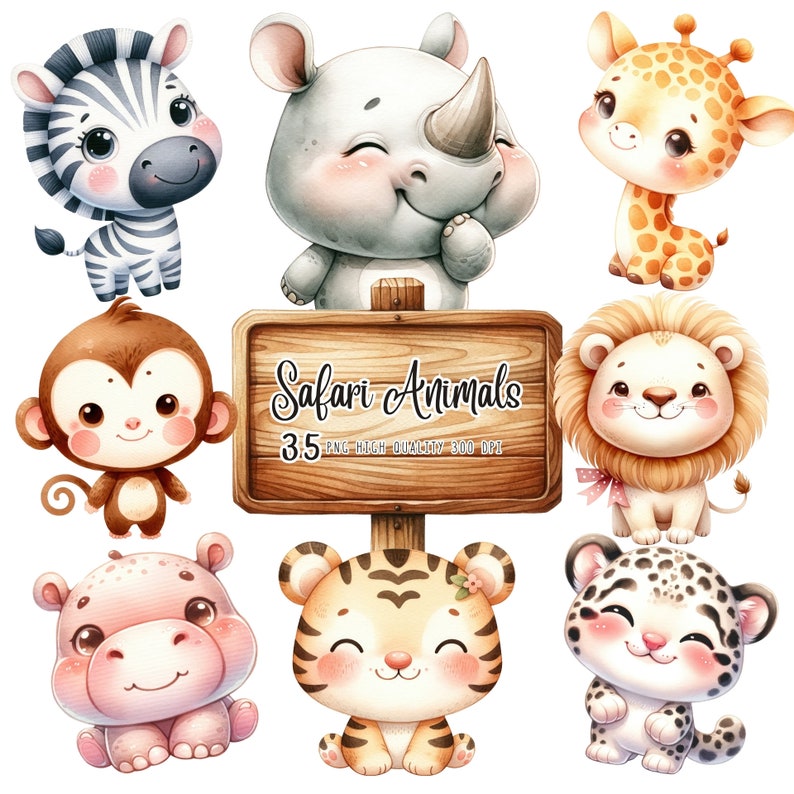 Watercolor Safari Cute Animals Clipart, Jungle Animal Nursery ...