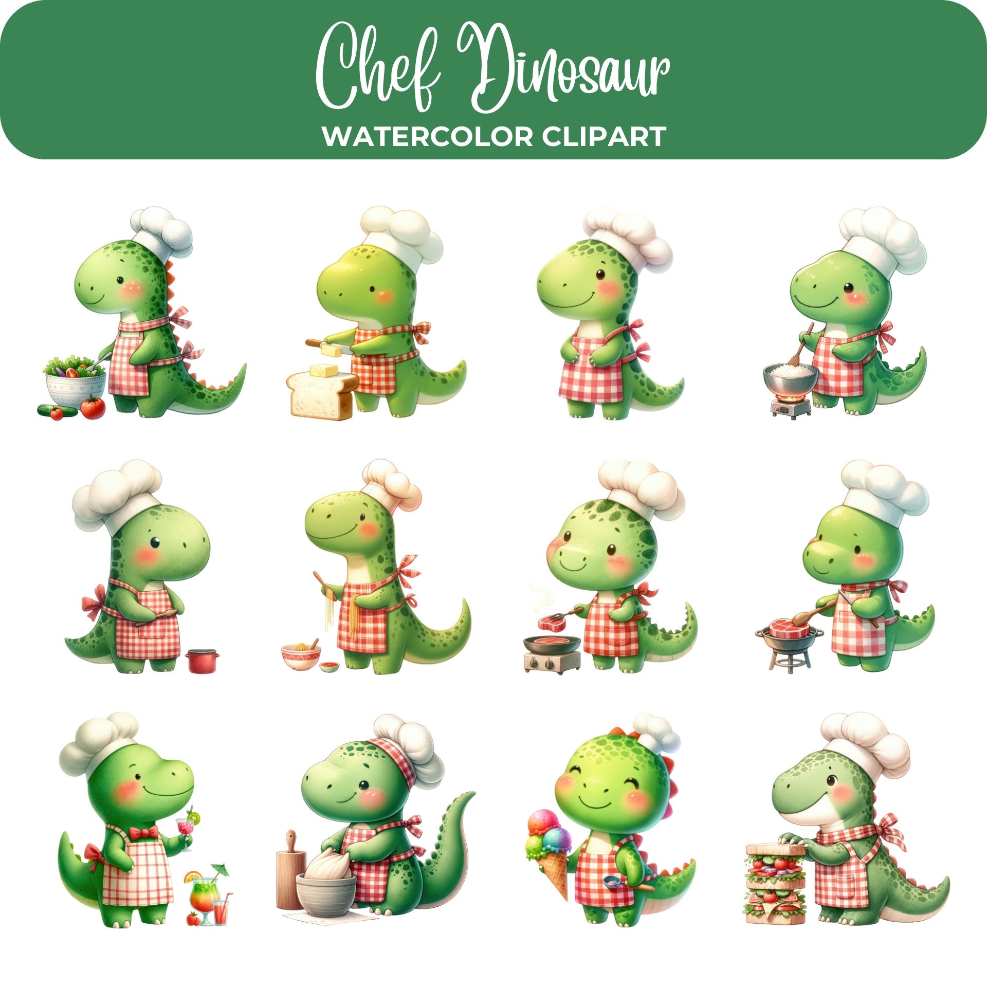 Watercolor Chef Dinosaur Clipar, Dinosaur PNG, Chef Clipart, Dinosaur ...
