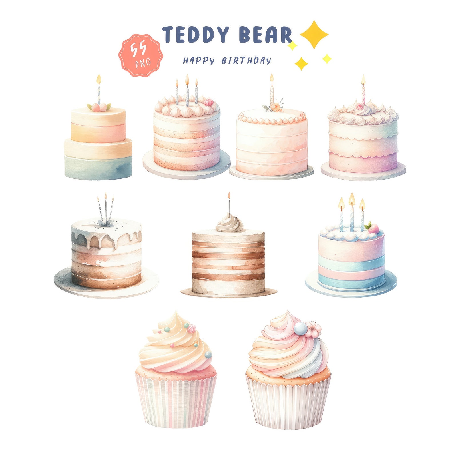 Watercolor Teddy Bear Clipart, Happy Birthday, Watercolor Party ...
