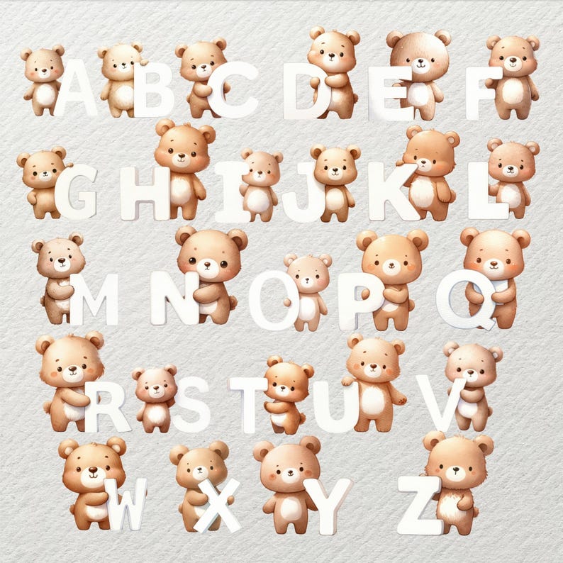 Teddy Bear Alphabet Clipart, Watercolor Bear Letters PNG, Brown Teddy ...