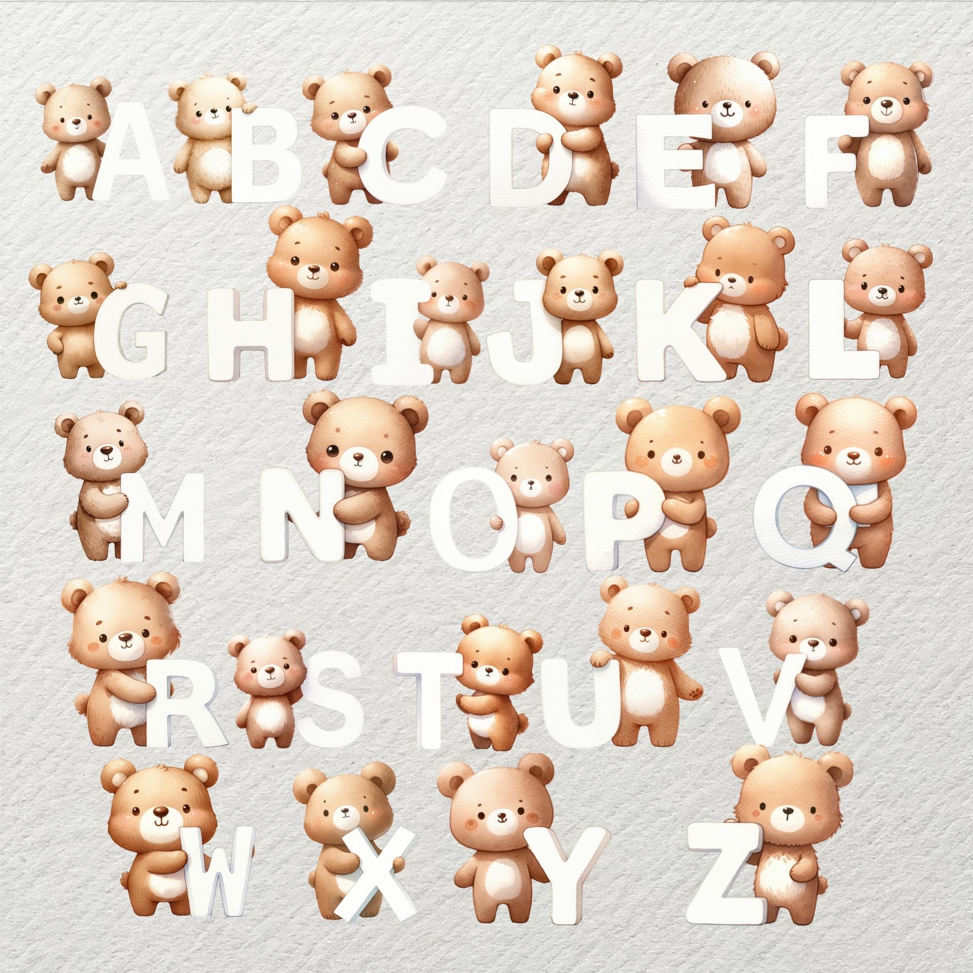 Teddy Bear Alphabet Clipart, Watercolor Bear Letters PNG, Brown Teddy ...