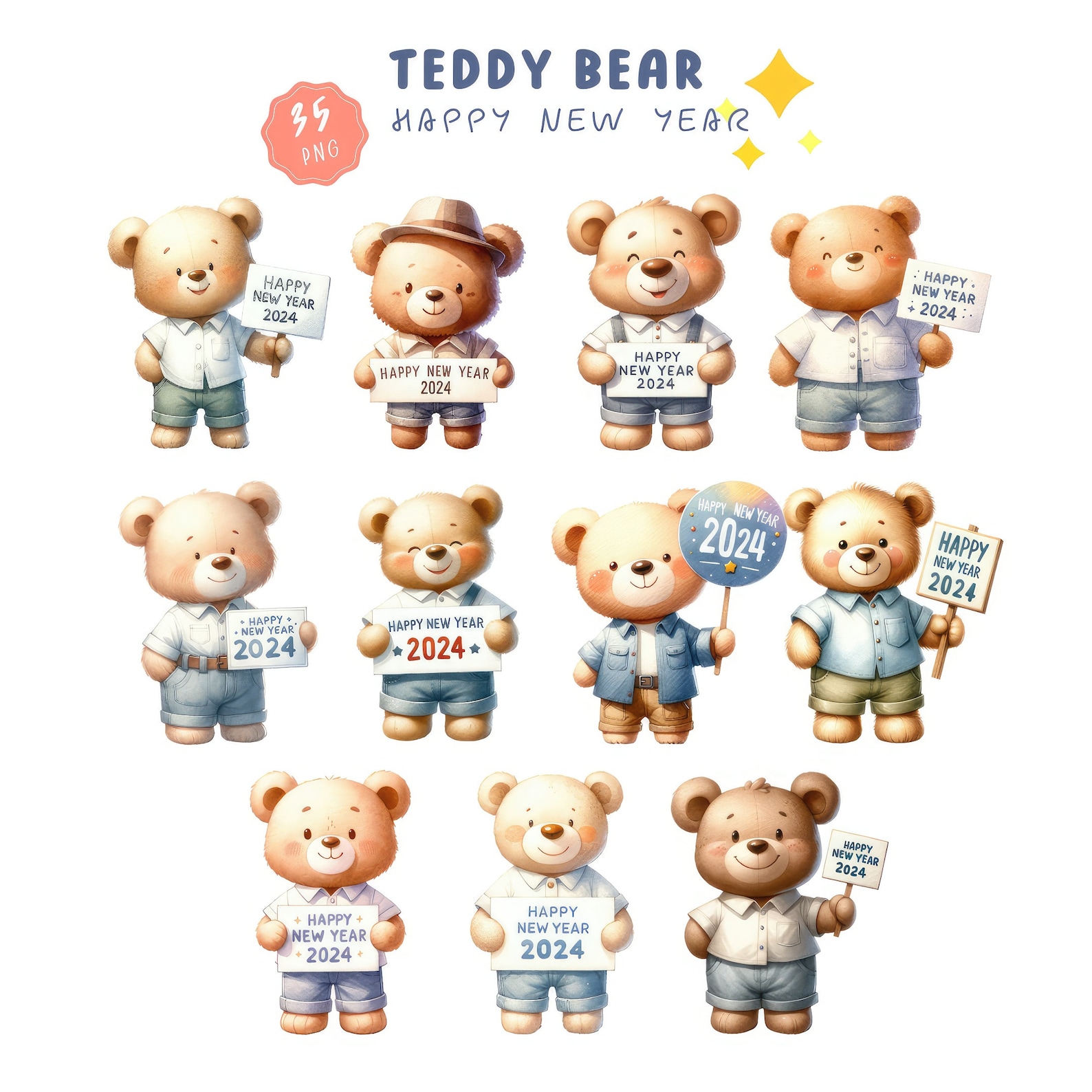 Teddy Bear Celebrates Happy New Year Clipart, Watercolor New Year's Eve ...