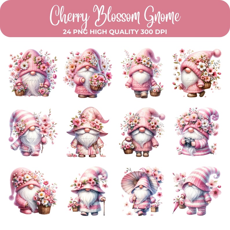 Spring Gnome Clipart, Watercolor Gnome Cherry Blossom, Spring Blossom ...