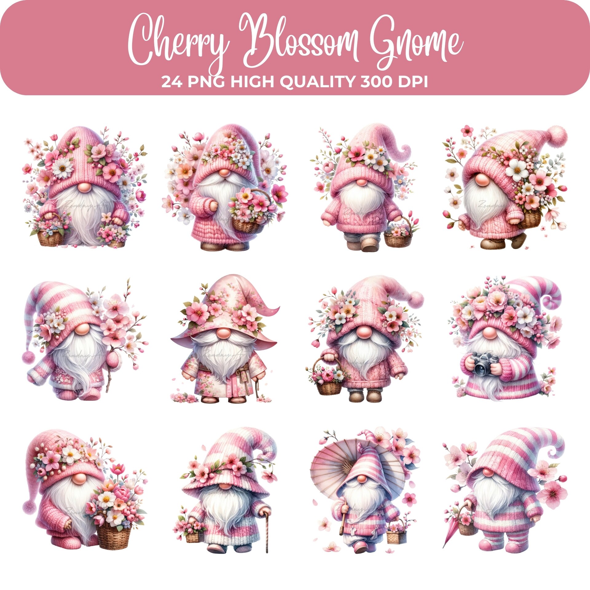 Spring Gnome Clipart, Watercolor Gnome Cherry Blossom, Spring Blossom ...