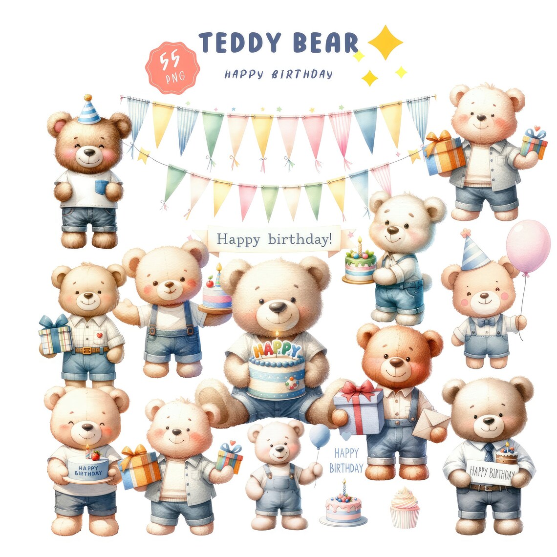Watercolor Teddy Bear Clipart, Happy Birthday, Watercolor Party ...