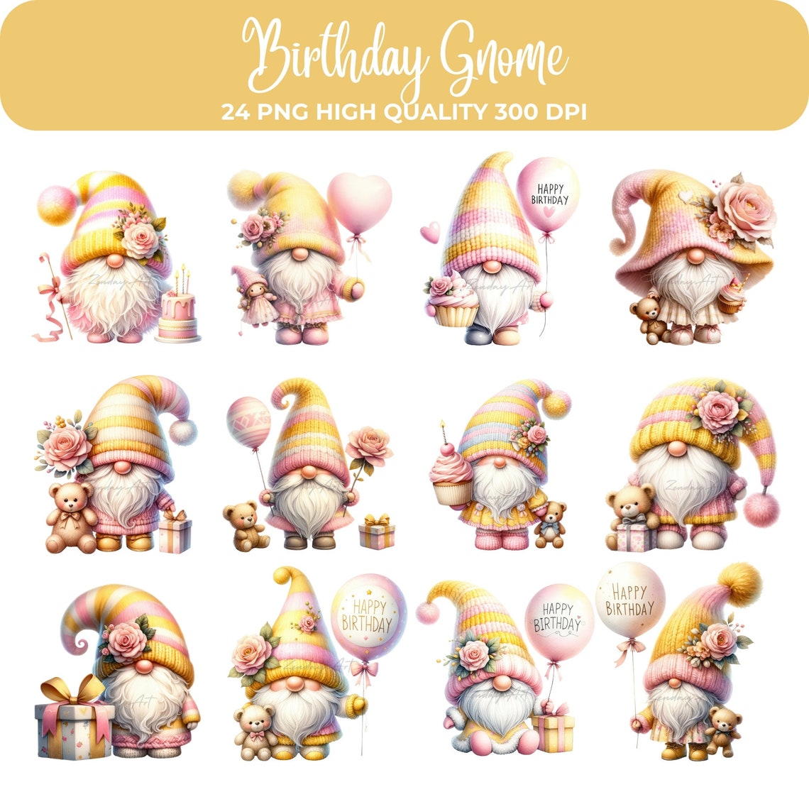 Watercolor Birthday Gnomes Clipart Bundle, Birthday Gnomes PNG, Happy ...