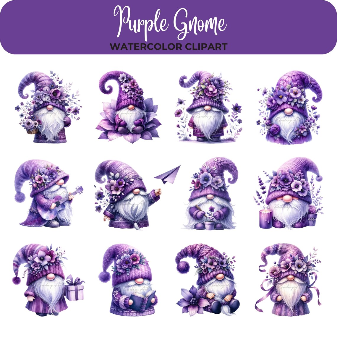 Purple Gnome Clipart, Gnome Clipart, Gnome Png, Watercolor Cute Gnome ...