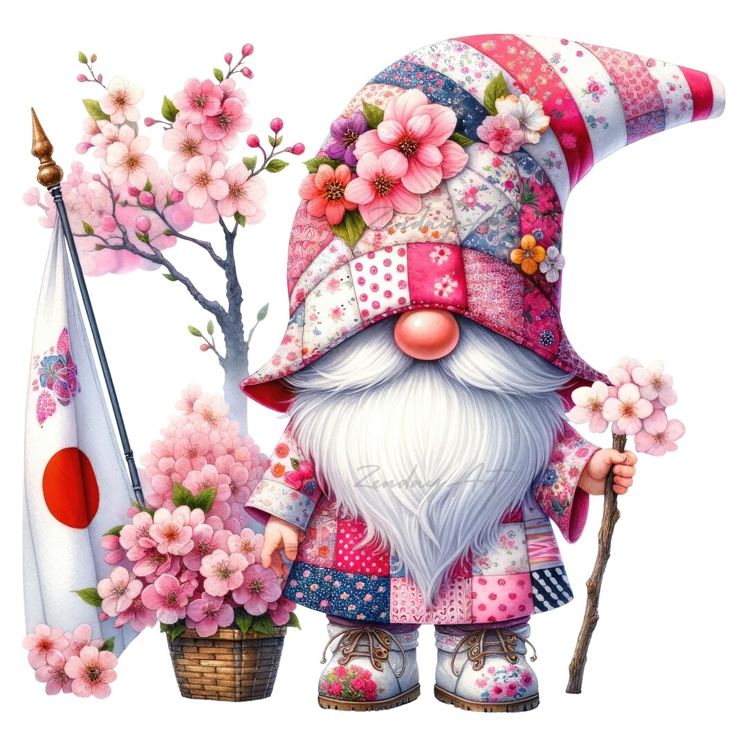 Watercolor Pink Cherry Blossom Gnomes Clipart, Spring Gnome PNG, Pink ...