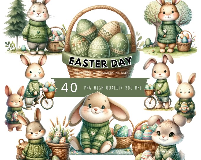12PNG/JPG Easter Bunny Clipart Bundle, Easter Bunny Clipart, Easter ...