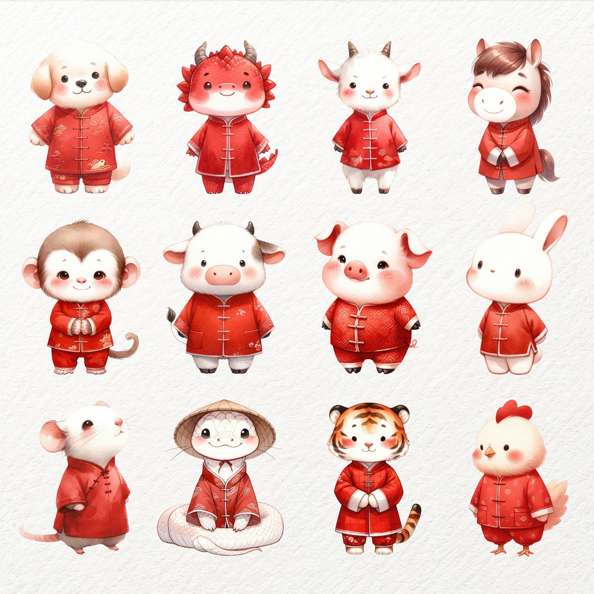 12 Chinese Zodiac Animals, Chinese New Year Clipart, Zodiac Watercolor ...