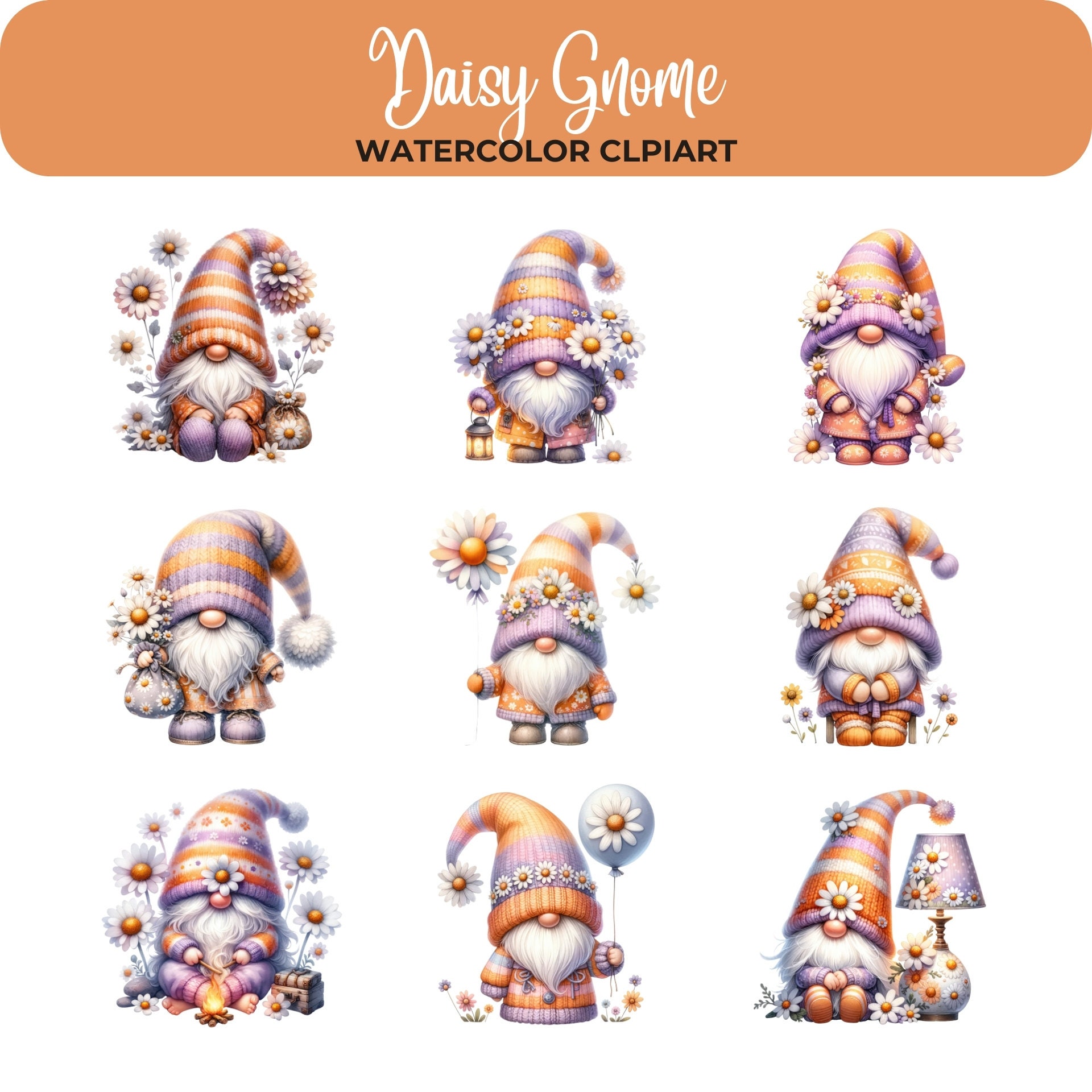 Watercolor Spring Daisy Gnome Collection, Gnome Daisy Clipart, Flower ...