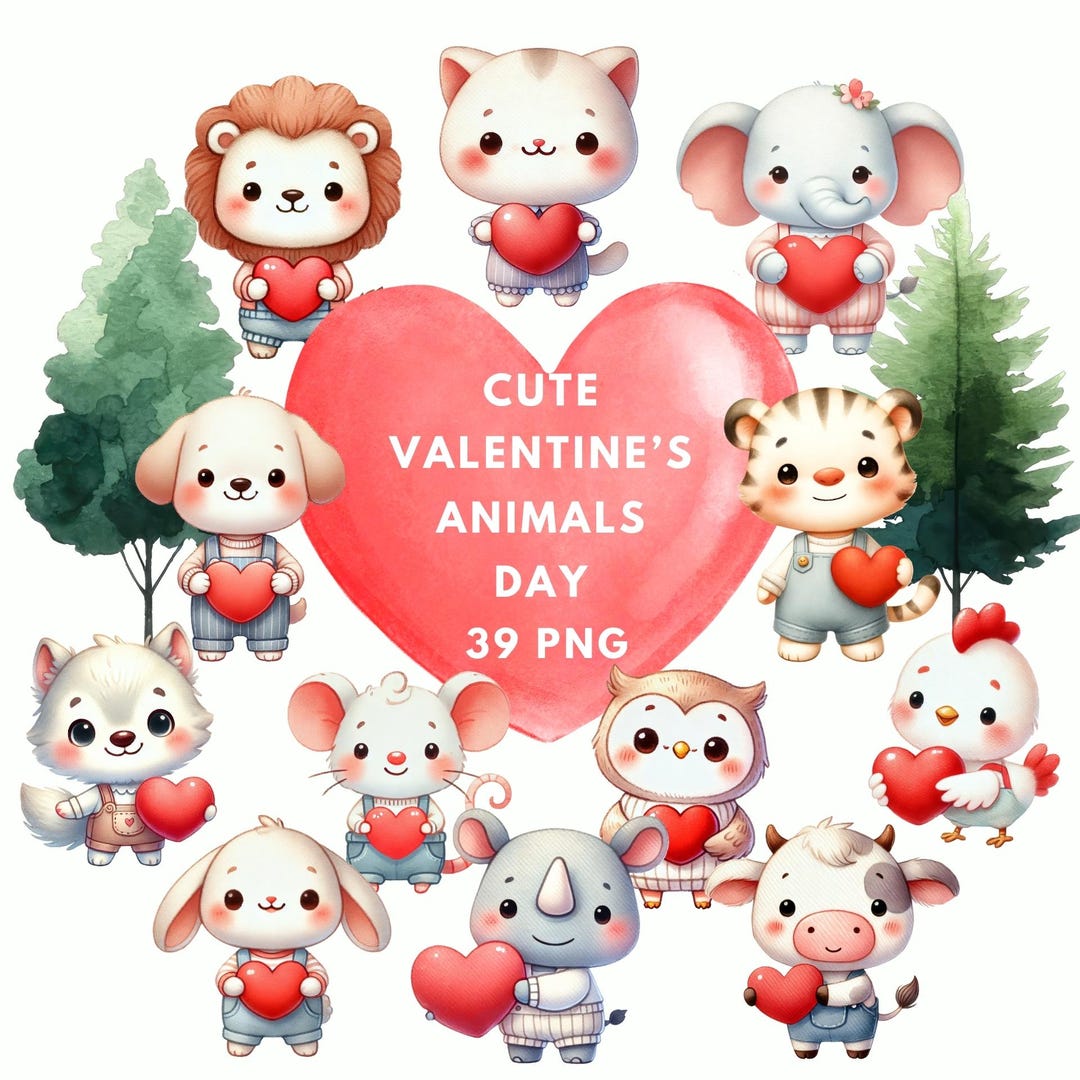 Cute Valentines Day Animal Clipart, Valentines Day Clipart, Romantic ...