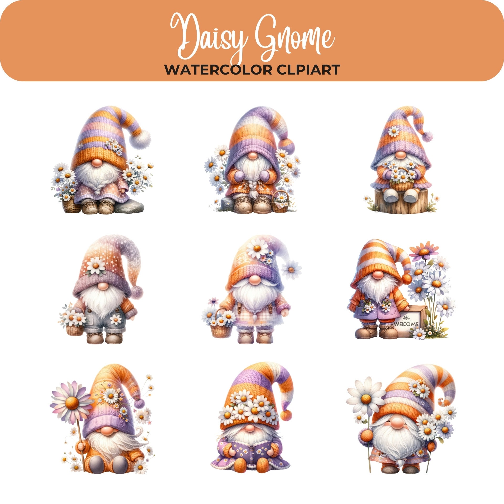 Watercolor Spring Daisy Gnome Collection, Gnome Daisy Clipart, Flower ...