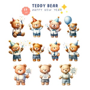 Teddy Bear Celebrates Happy New Year Clipart, Watercolor New Year's Eve ...