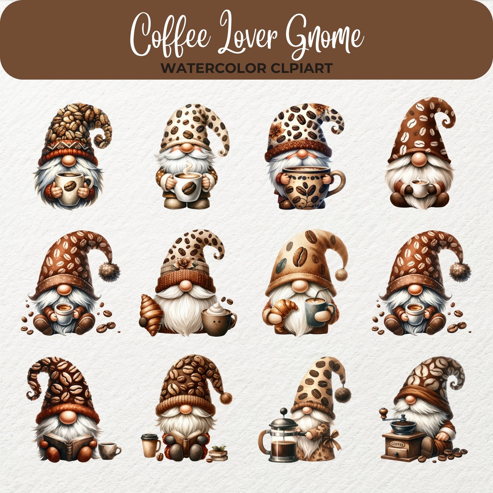 Watercolor Coffee Lover Gnome Clipart, Coffee Gnome PNG, Coffee Latte ...