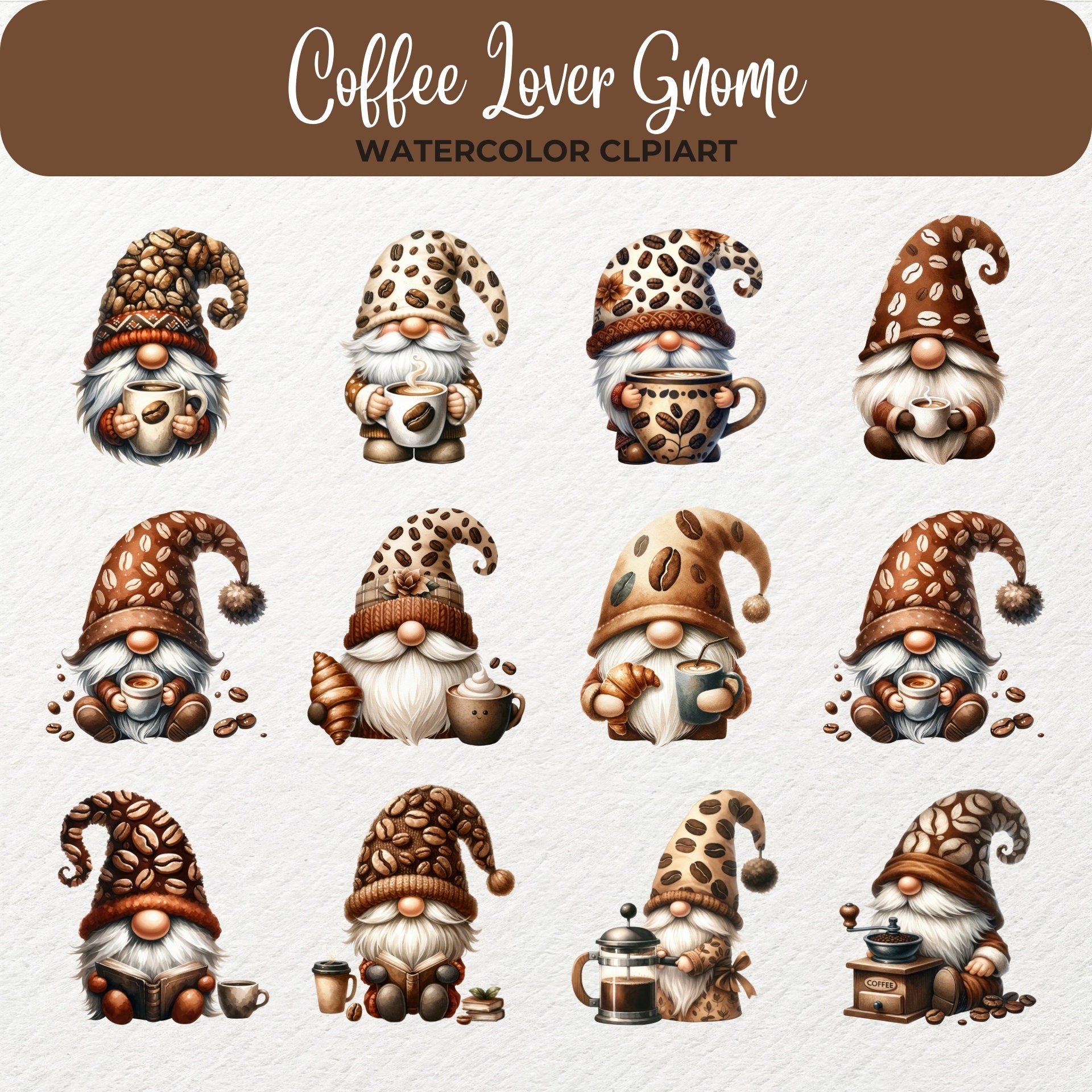 Watercolor Coffee Lover Gnome Clipart, Coffee Gnome PNG, Coffee Latte ...